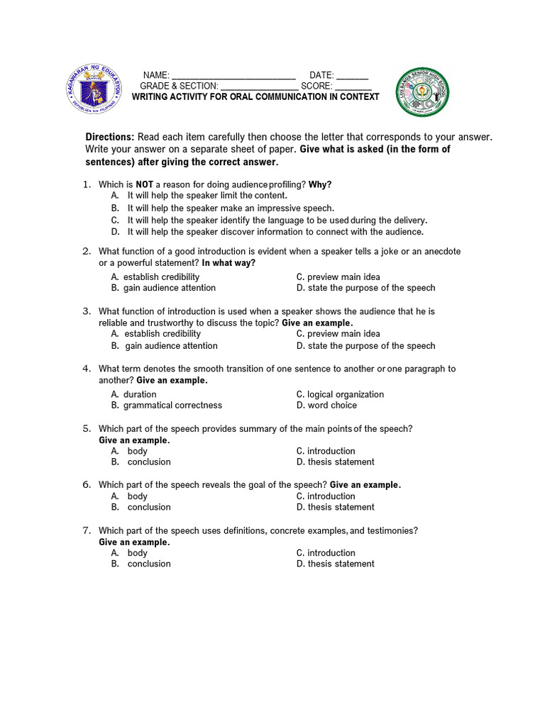 Directions: Read Each Item Carefully Then Choose The Letter That ...