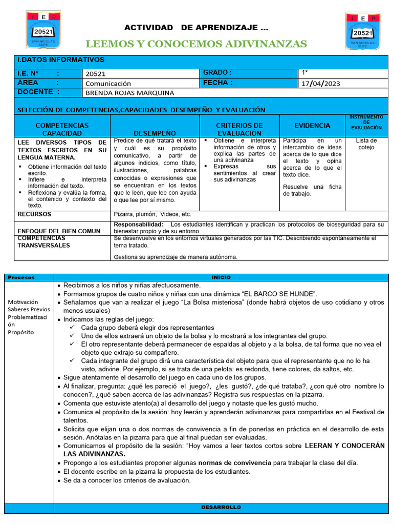 Leemos Adivinanzas - Sesion Comu | PDF | Evaluación