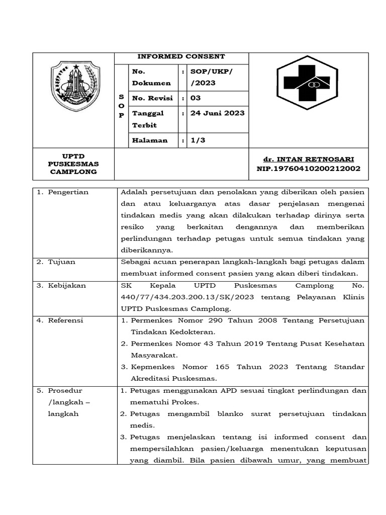 Informed Consent No. Dokumen: Sop/Ukp/ /2023 No. Revisi: 03 Tanggal Terbit: 24 Juni 2023 | PDF