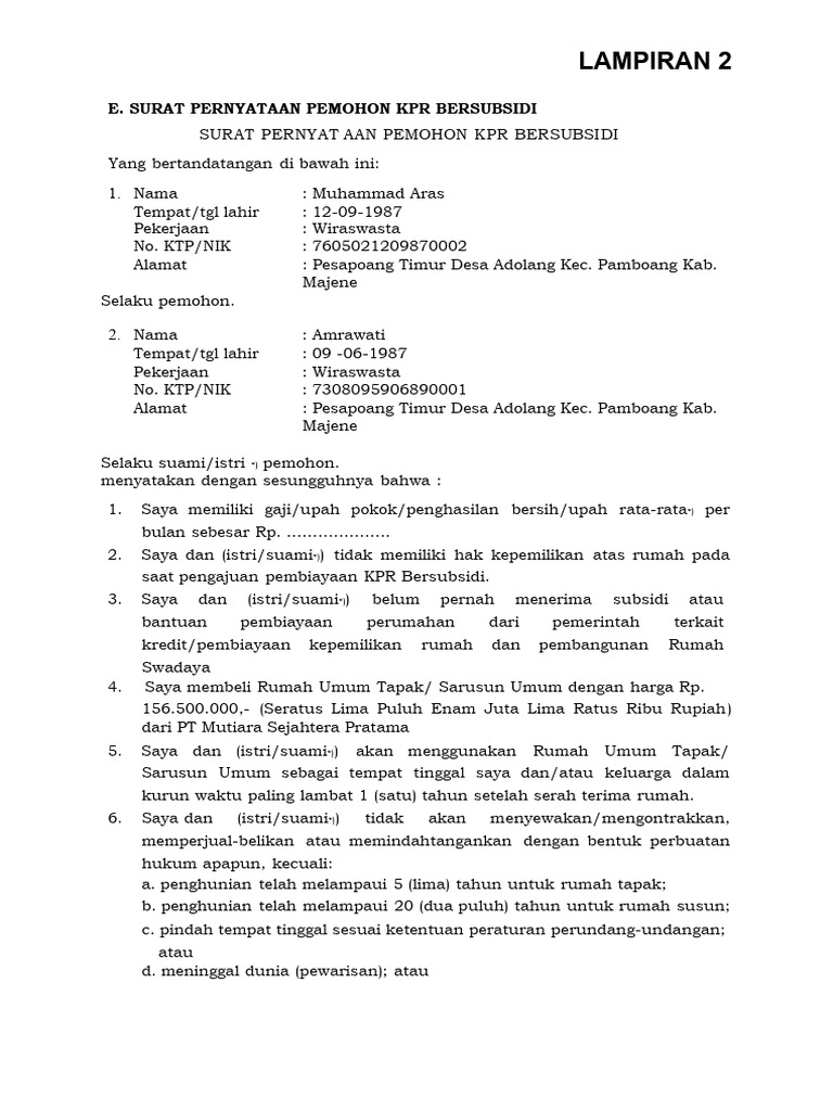 Lampiran 2 - Format E Surat Pernyataan Pemohon KPR Bersubsidi | PDF