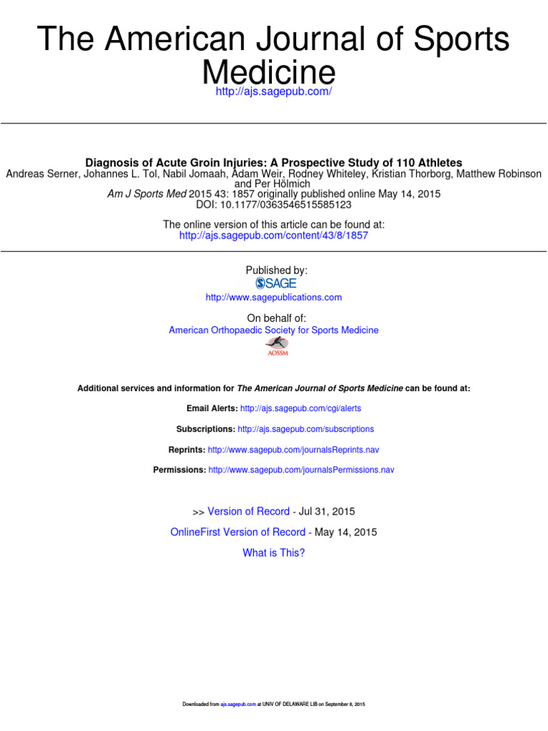 3 Diagnosis of Acute Groin Injuries A Prospective Study of 110 Athletes ...