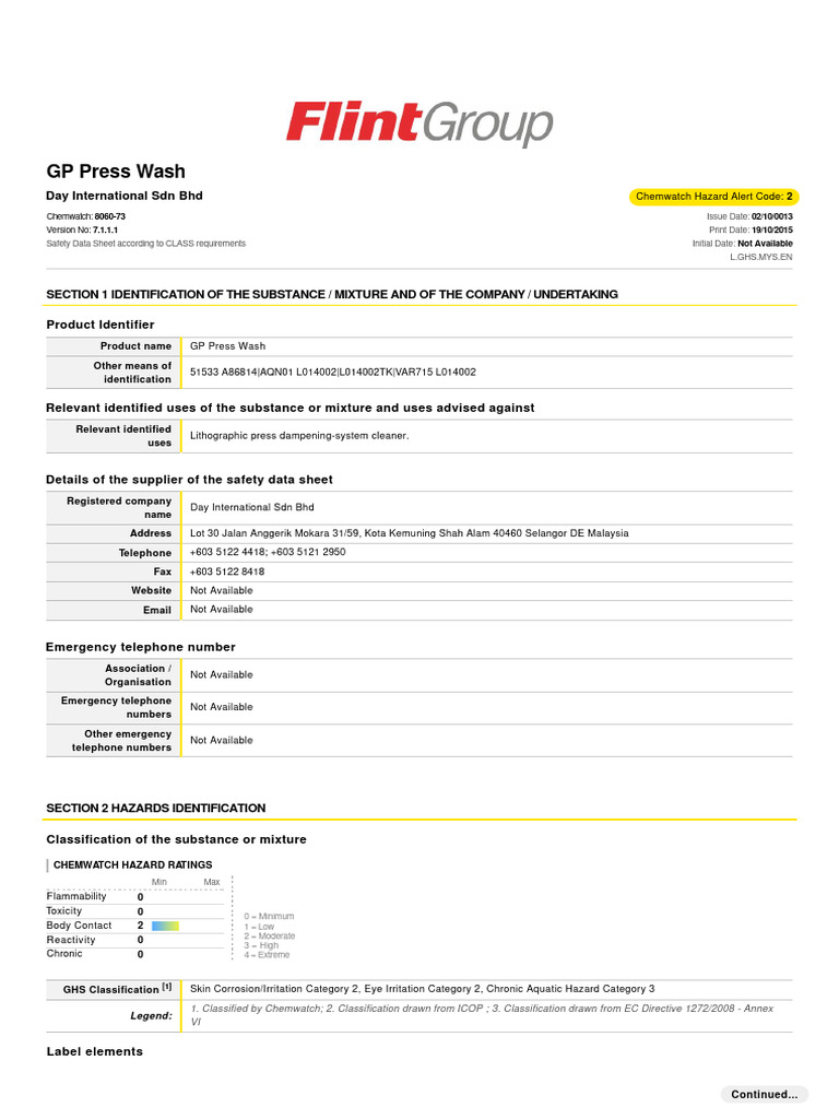 Msds GP Press Wash - Msds - 2015.10.19 - Eng | PDF | Toxicity | Firefighter