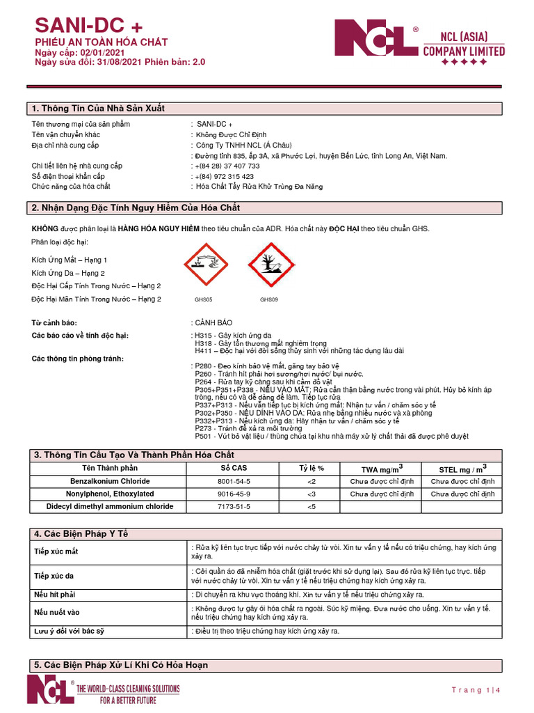 MSDS SANI DC+ Safety Data Sheet (SDS) - 31.08.21 VN | PDF