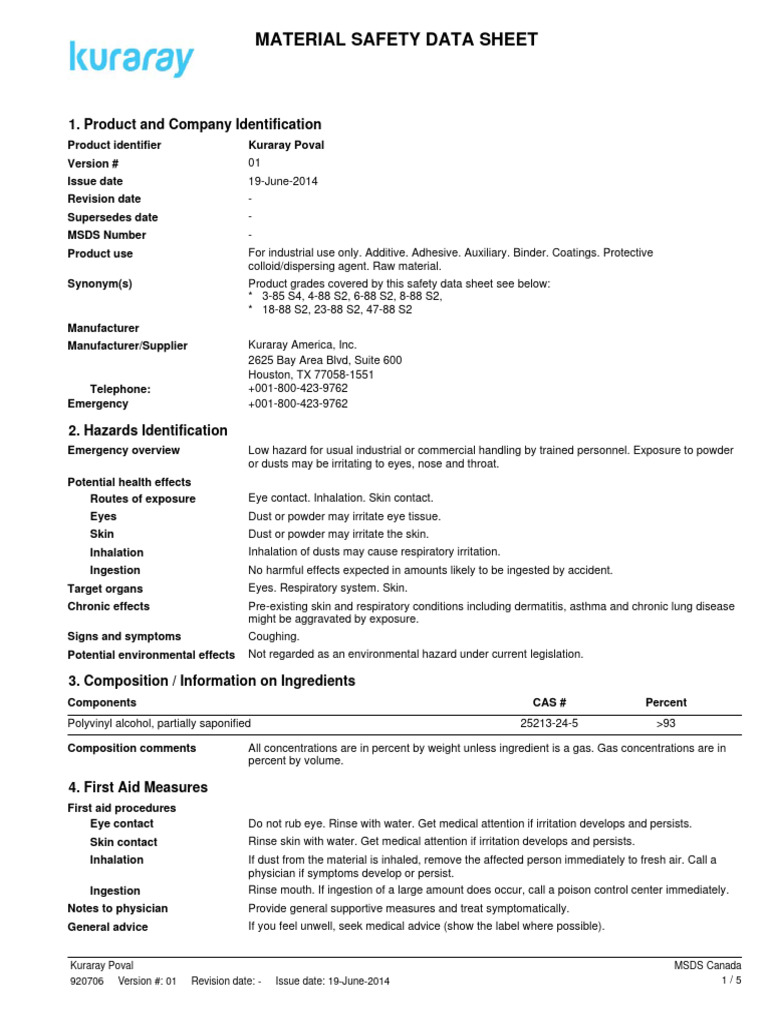 Kuraray Poval Safety Data Overview | PDF | Firefighting | Personal ...