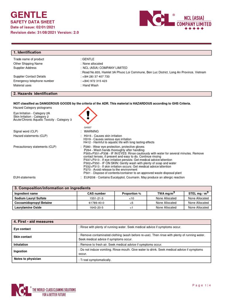 Msds Gentle - Safety Data Sheet (SDS) - en v2.31.08.21 | PDF ...