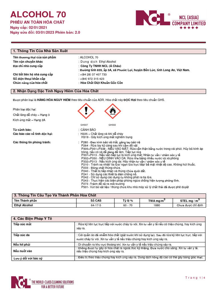 MSDS Alcohol 70 - SDS - VN | PDF