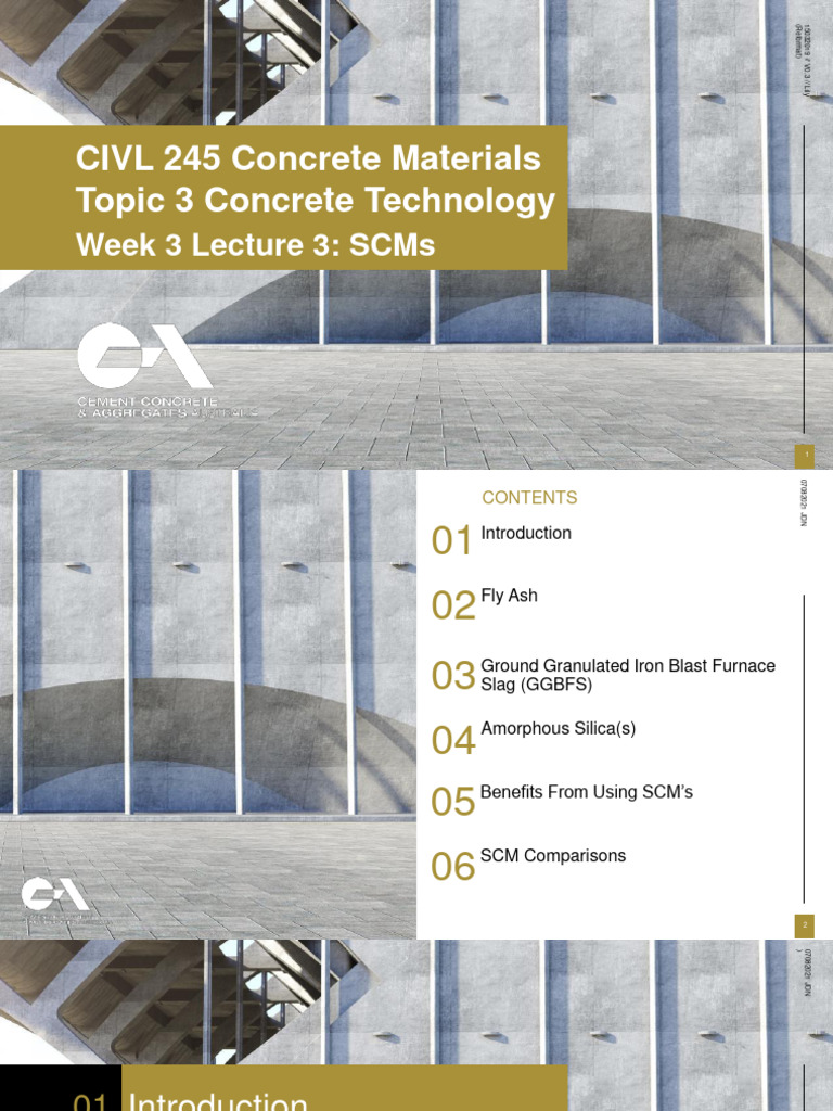 CIVL 245 Topic 3 Concrete Technology Week 3 Lecture 3 SCMs | PDF | Cement | Concrete