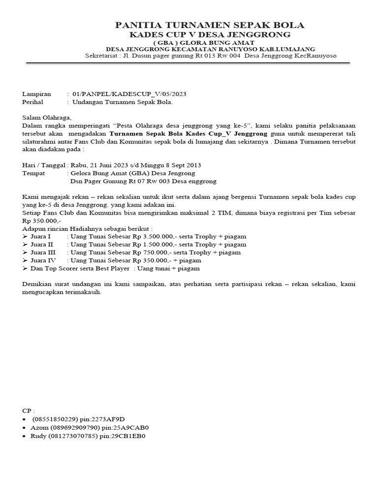 Undangan Turnamen Sepak Bola Kades Cup V | PDF | Griya & Taman