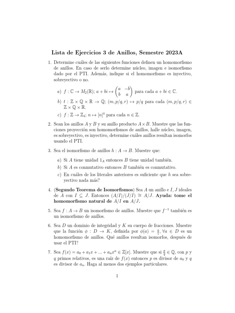 Lista Ejercicios 3 Anillos 2023A | PDF | Anillo (Matemáticas) | Funciones y mapeos