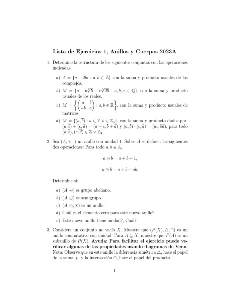 Lista Ejercicios 1 Anillos 2023A | Descargar gratis PDF | Anillo (Matemáticas) | Campo (Matemáticas)