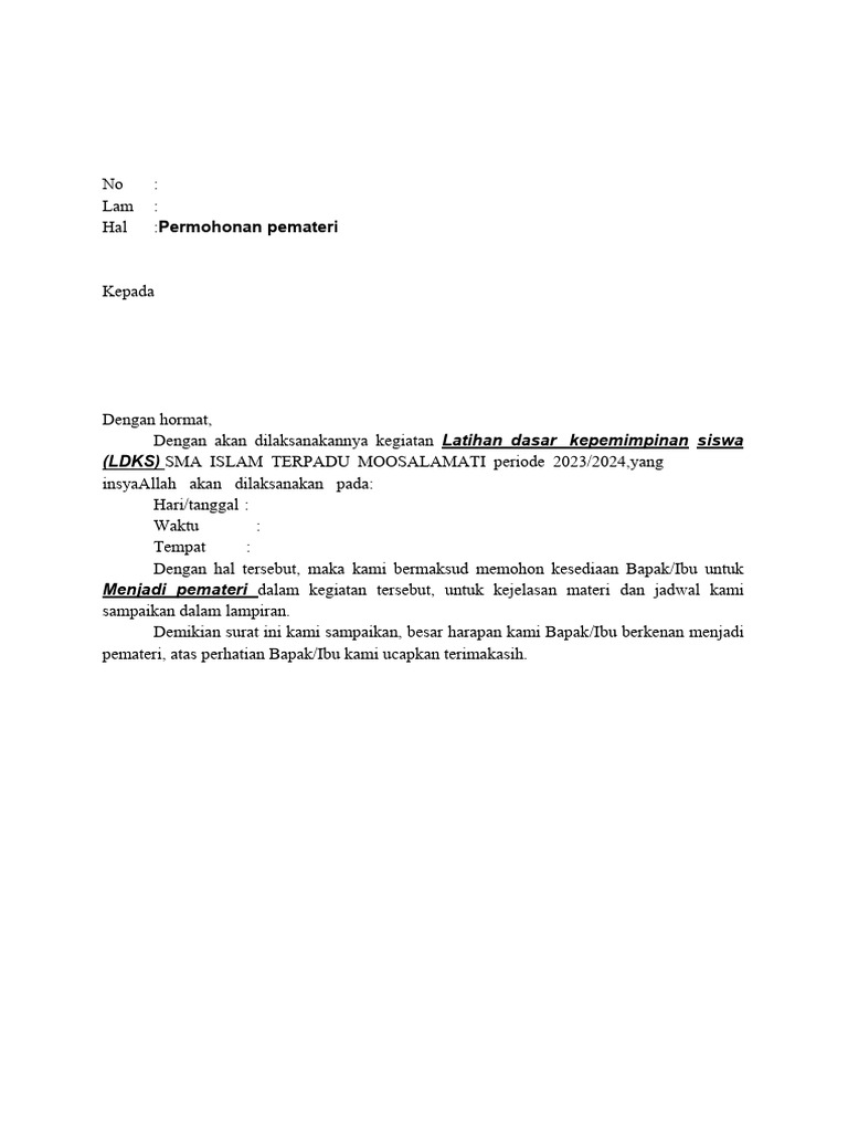 Surat Undangan LDKS | PDF