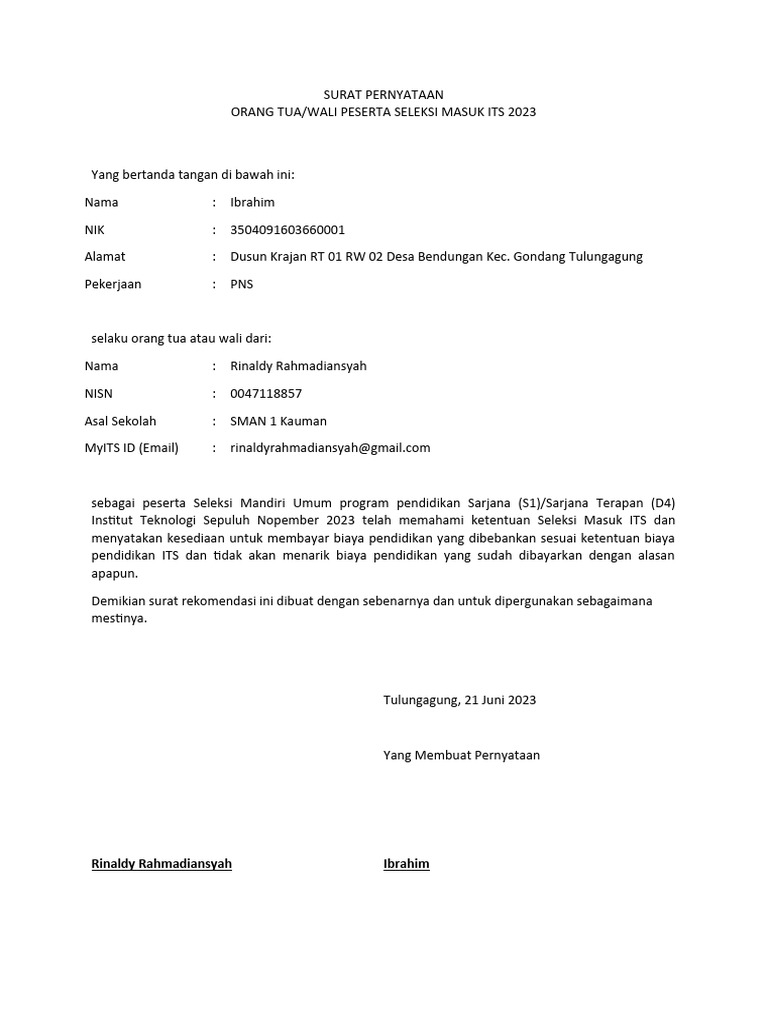 Surat Pernyataan Seleksi Mandiri Kemitraan Dan Umum | PDF