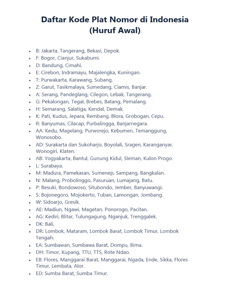 Kode Plat Nomor Kendaraan Indonesia | PDF | Seni & Disiplin Bahasa