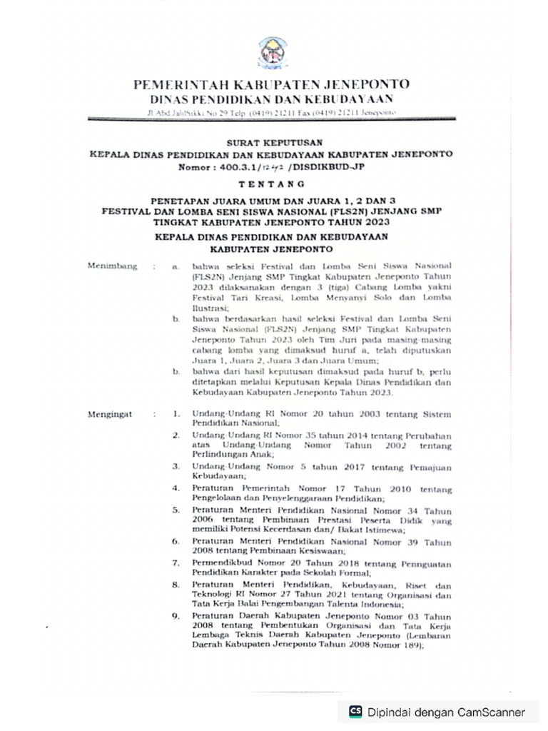 SK Penetapan Juara 1, Juara 2, Juara 3 Dan Juara Umum FLS2N Jenjang SMP ...