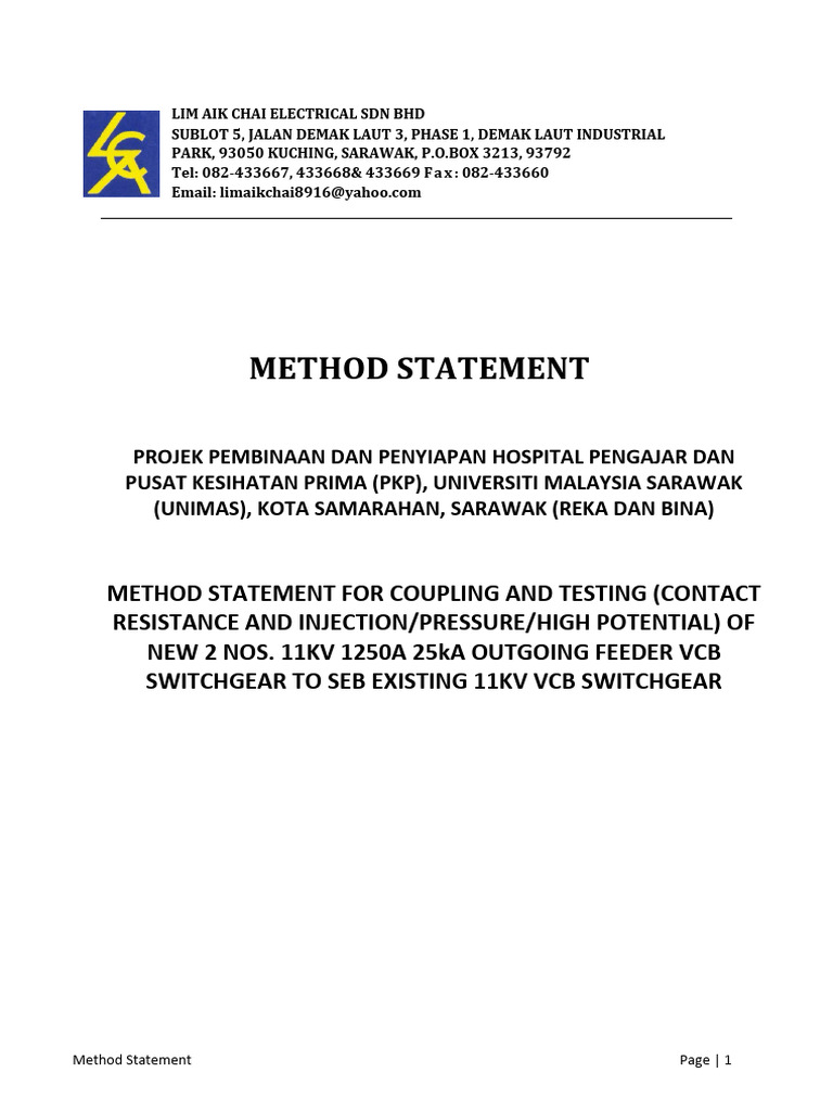 Method Statement For 11KV VCB Coupling To Existing VCB - Unimas | PDF | Insulator (Electricity ...