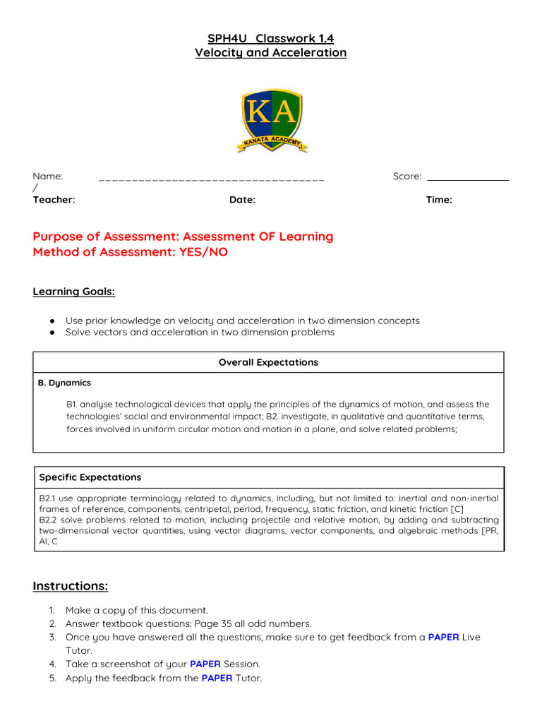 SPH4U Classwork 1.4 | PDF | Acceleration | Velocity