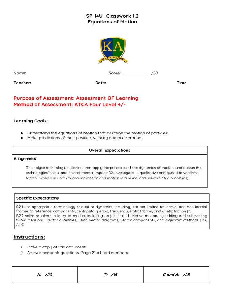 SPH4U Classwork 1.2 | PDF | Acceleration | Velocity