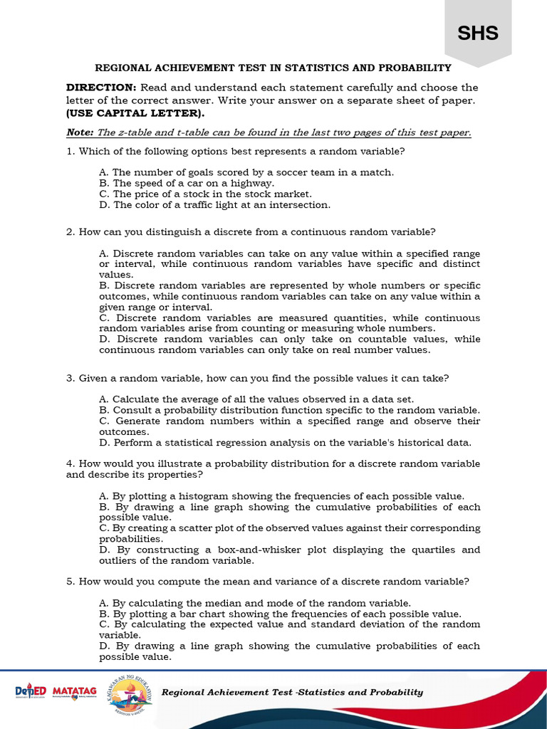 Statistics and Probability Test Items | PDF | Variance | Random Variable