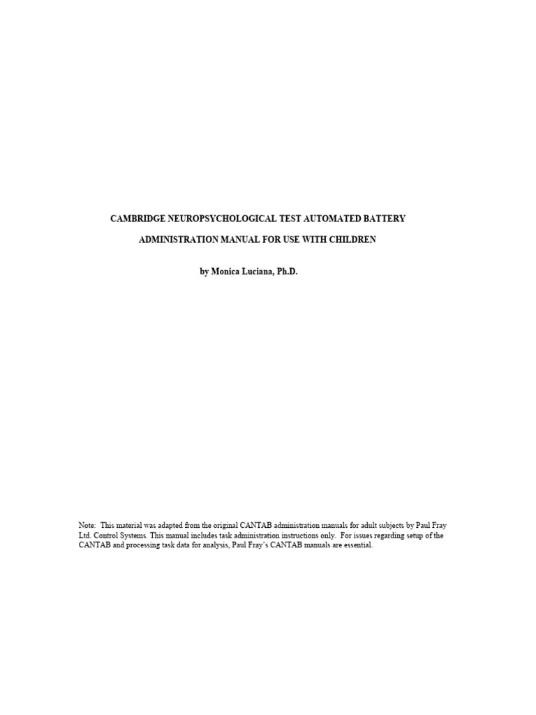 CANTAB | PDF | Memory | Working Memory