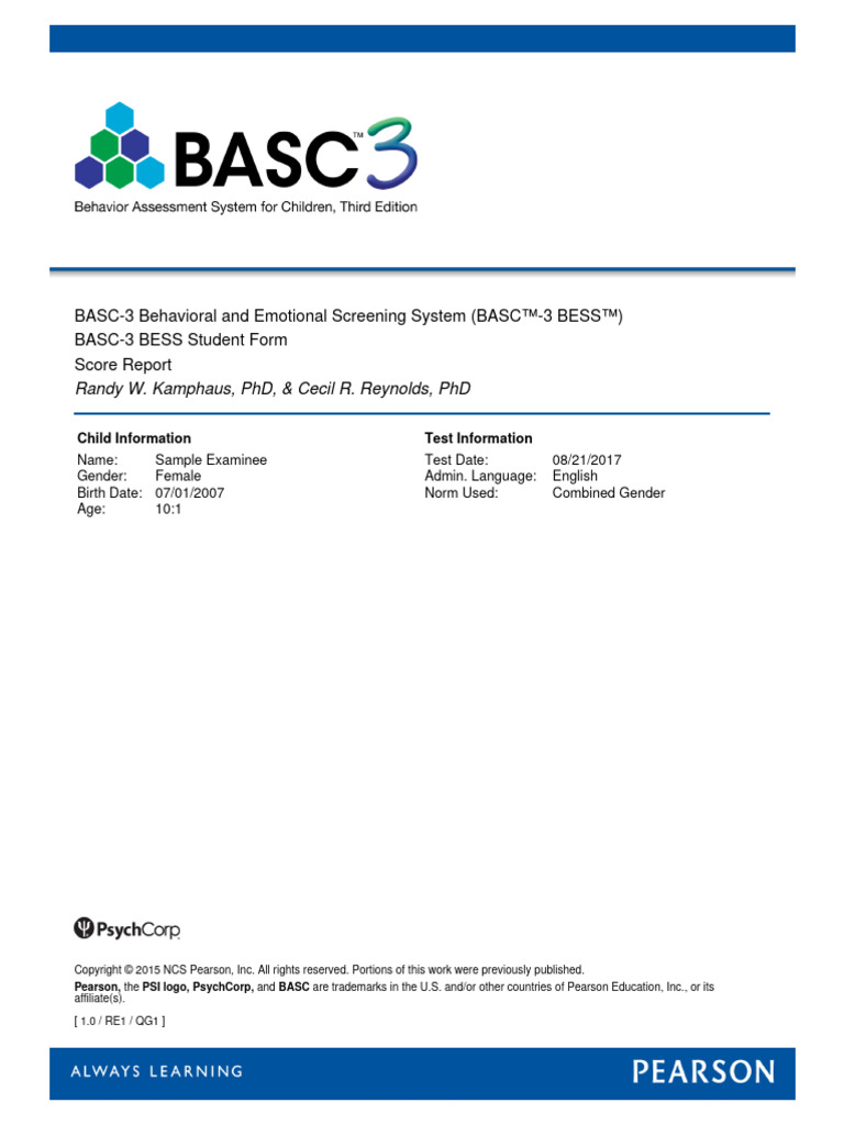BASC-3 BESS Report Sample - Student | PDF | Emotional Self Regulation ...