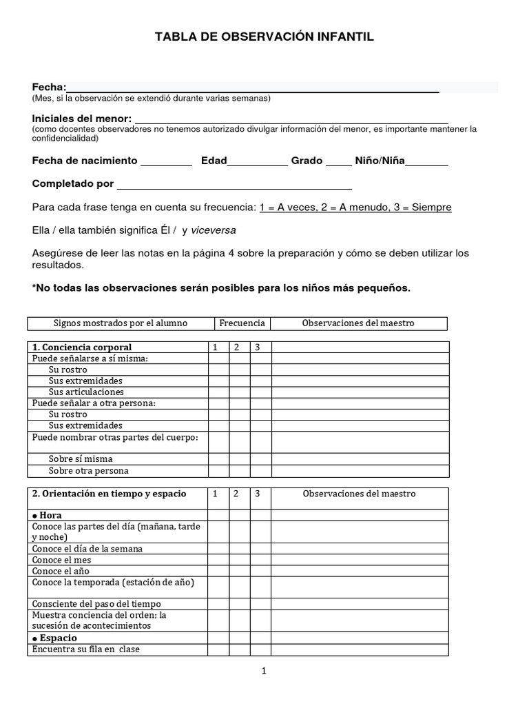Tabla de Observacion Infantil | PDF | Comunicación humana | Cognición