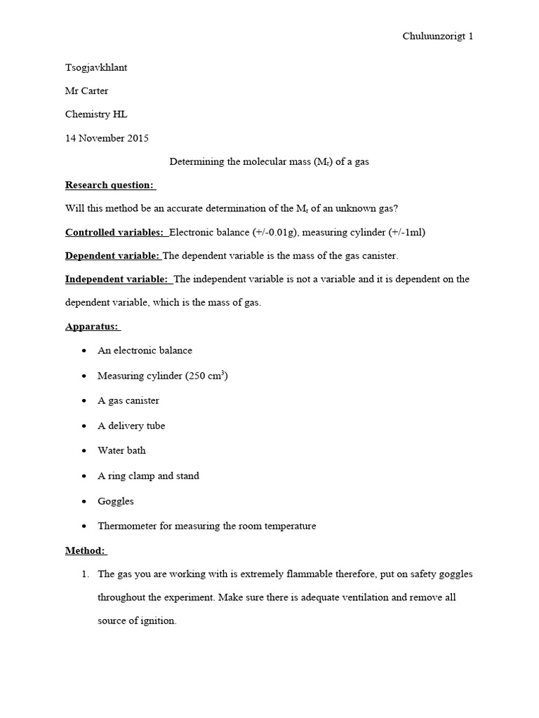Chemistry Lab: Gas Molecular Mass | PDF | Gases | Water