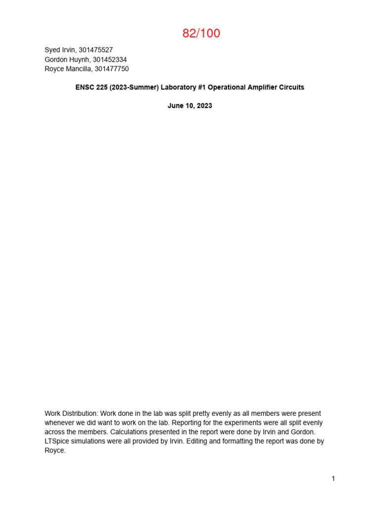 225 - Lab 1 Report | PDF | Operational Amplifier | Amplifier