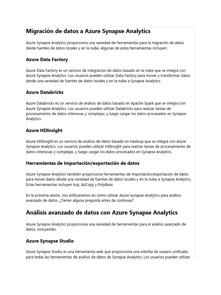 Migración de Datos A Azure Synapse Analytics | PDF | Microsoft Azure | SQL Migración de Datos A Azure Synapse Analytics | PDF | Microsoft Azure | SQL