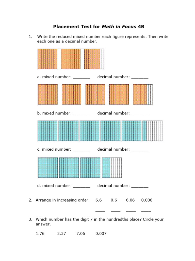 Math in Focus 4B Placement Test | PDF | Numbers | Decimal