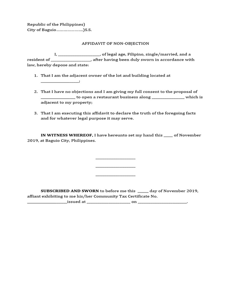 Affidavit of Non-Objection for Business | PDF
