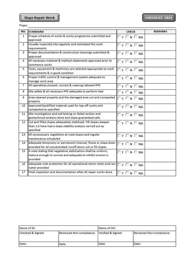 Checklist1821 - Slope Repair Work | PDF | Earth Sciences | Civil ...