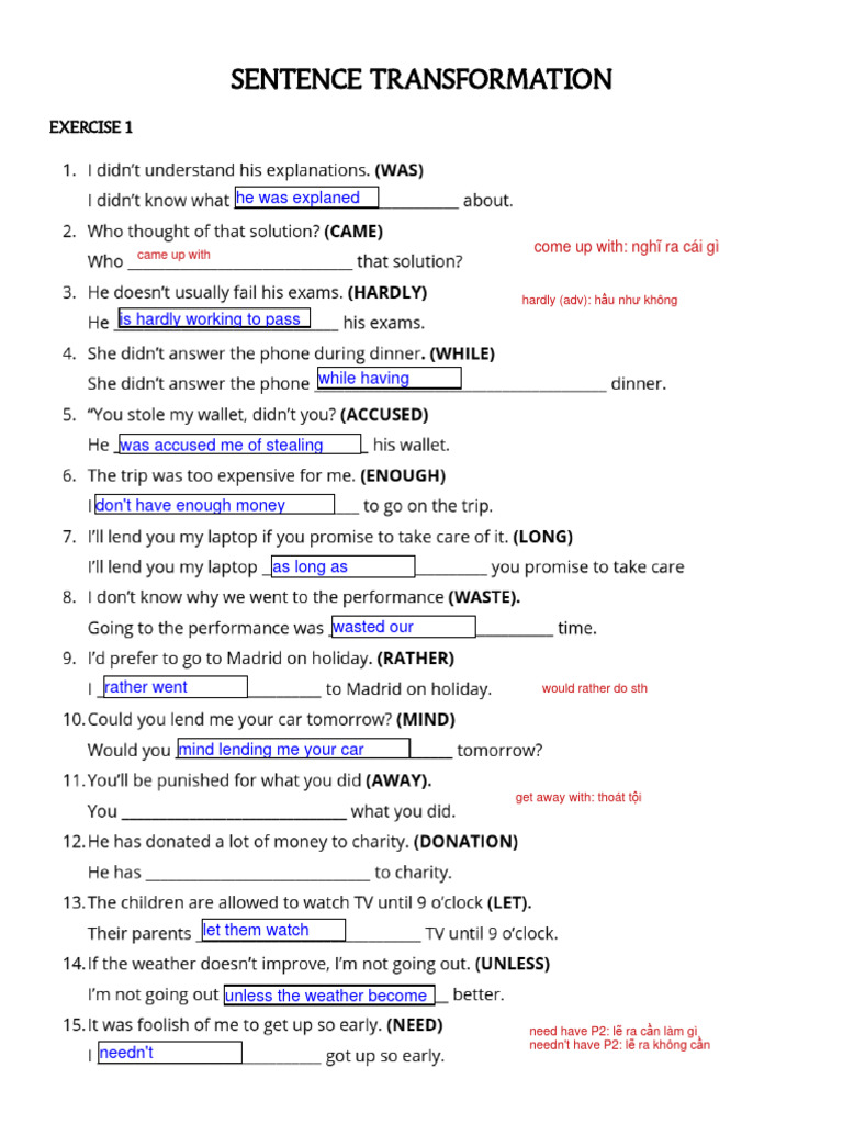 Sentence Transformation Exercises | PDF