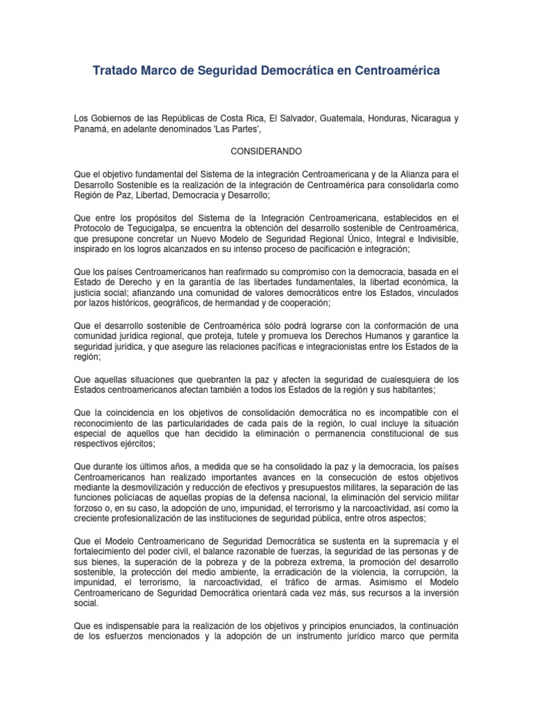Tratado Marco de Seguridad Democratica en Centroamerica | PDF ...