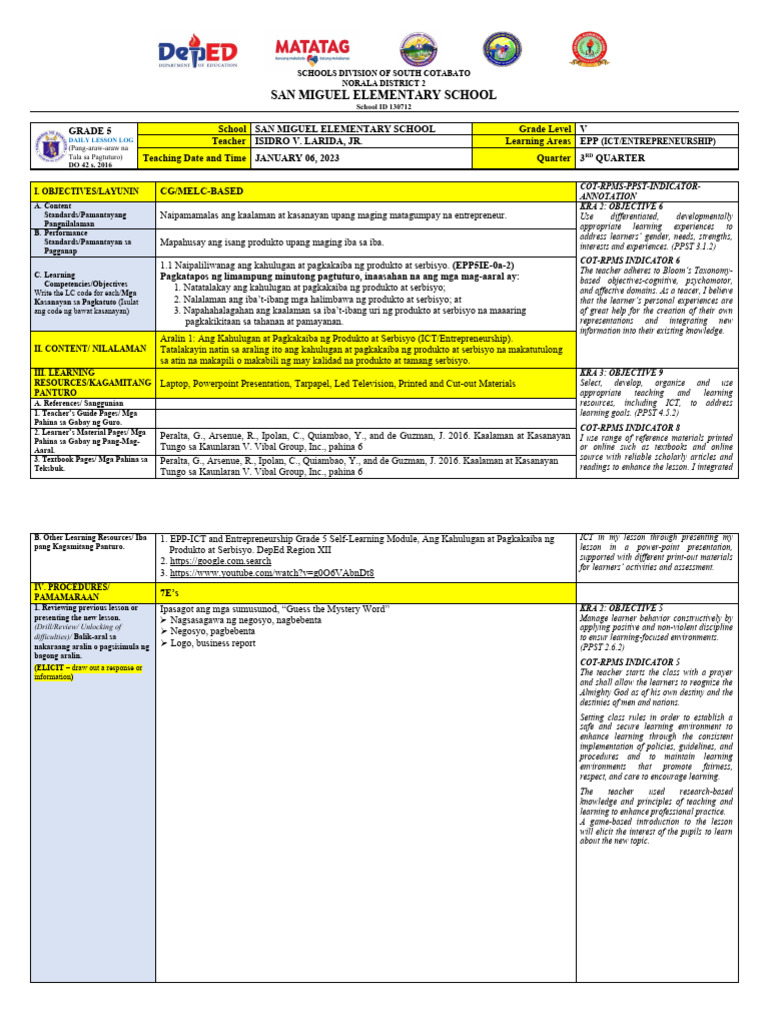 Dlp-Epp V-3RD Quarter-Ict-Entrep-2022-2023-Produkto-Serbisyo | PDF | Learning | Teachers