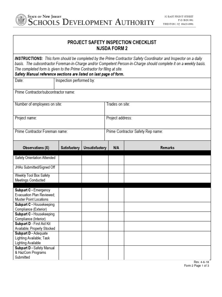 Project Safety Inspection Checklist | PDF | General Contractor | Safety