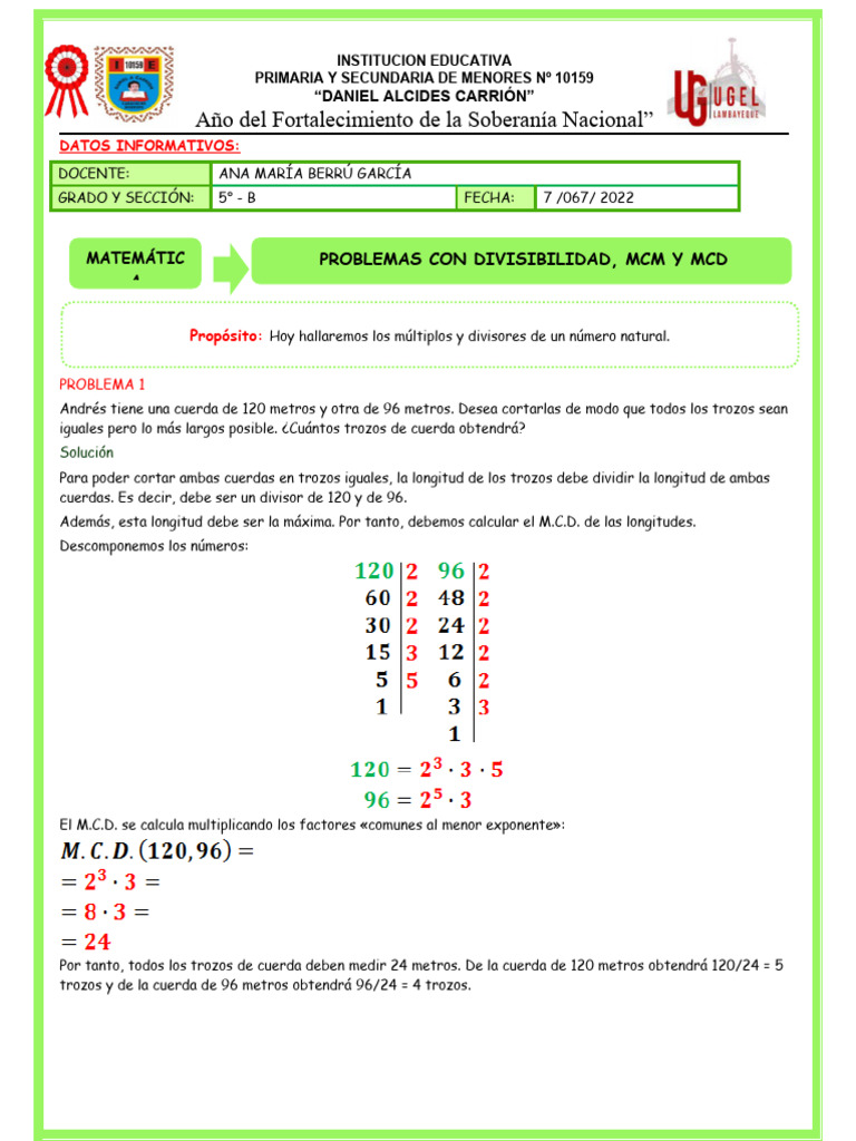 ACT-JUEVES-MATEMÁT-PROBLEMAS CON DIVISIBILIDAD MCM Y MCD | PDF | Teoría ...