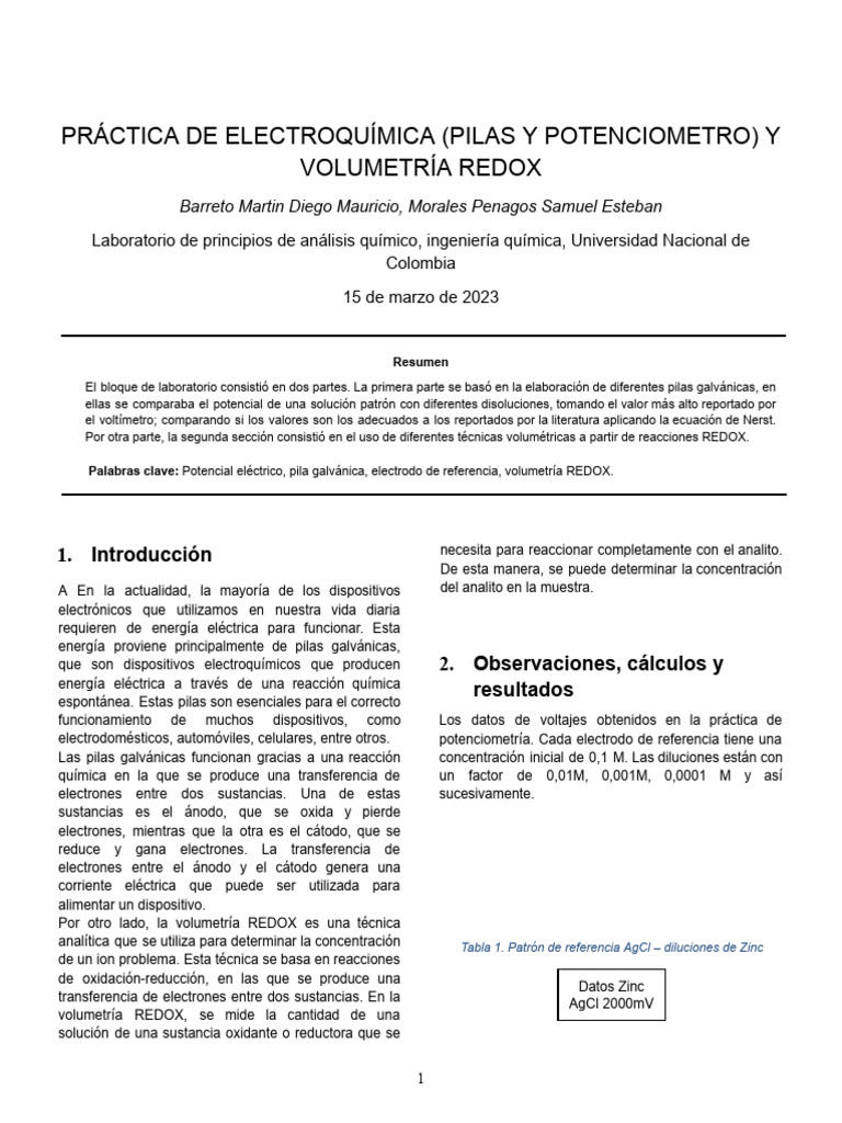 Practica de Electroquimica (Pilas y Potenciometro) y Volumetria Redox | PDF | Redox | Electroquímica
