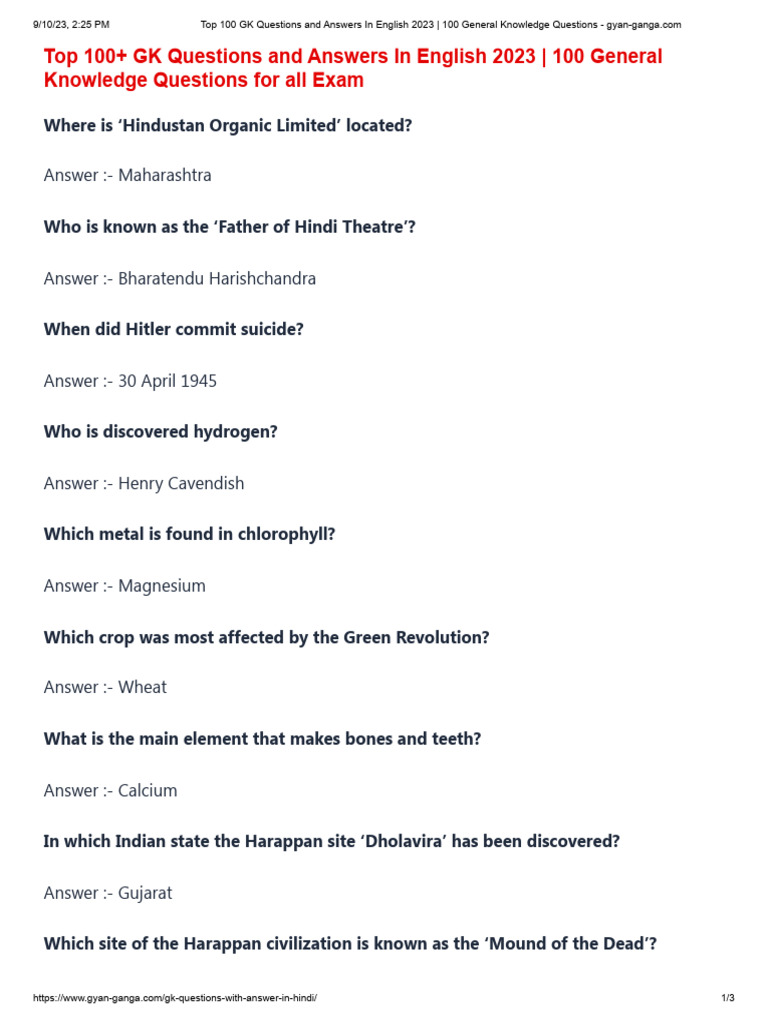 Top GK Questions and Answers | PDF | South Asia