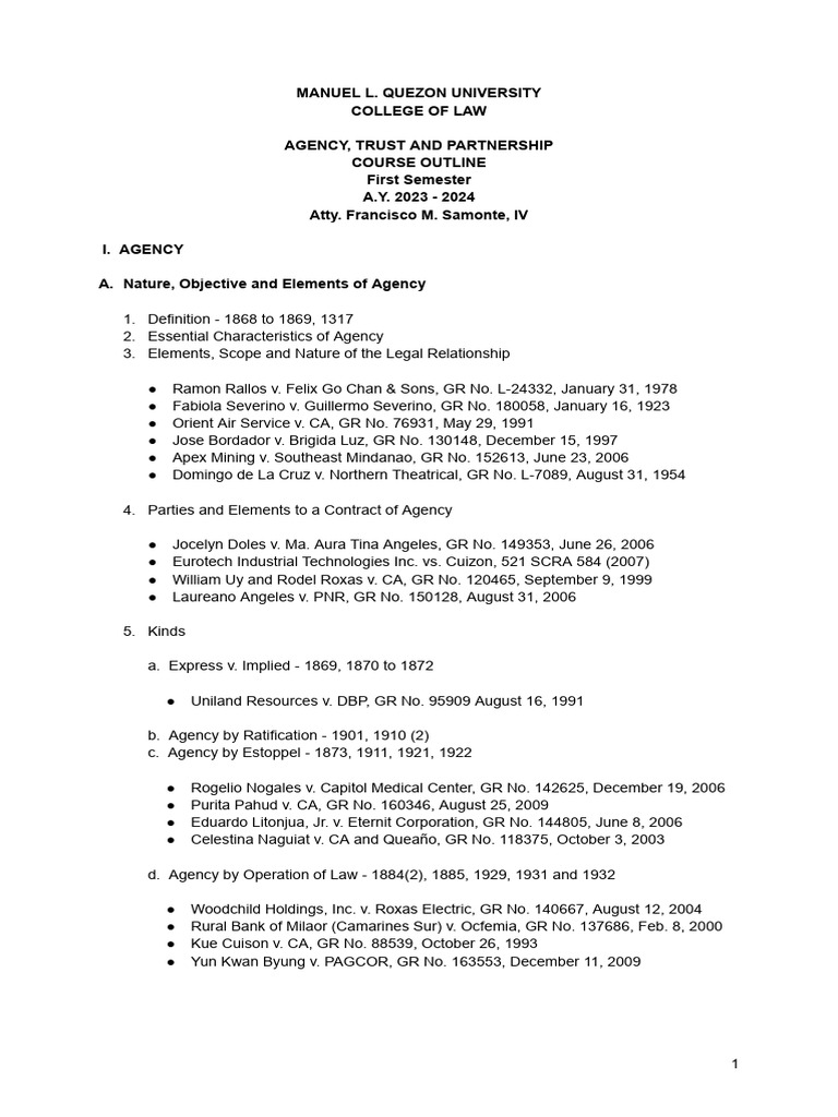 Agency, Trust and Partnership - Course Outline | Download Free PDF ...