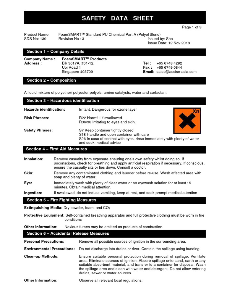 New SDS-FoamSMART Standard PU Chemical (Part A) | PDF | Personal ...
