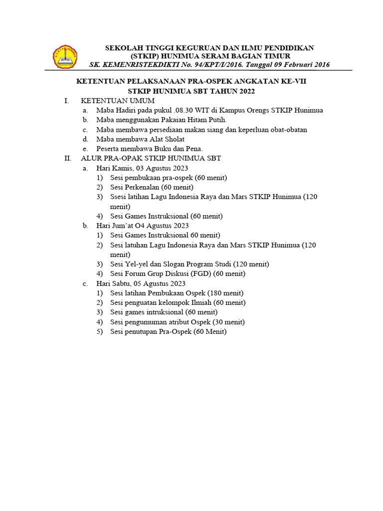 Ketentuan Pra-Ospek STKIP Hunimua 2022 | PDF
