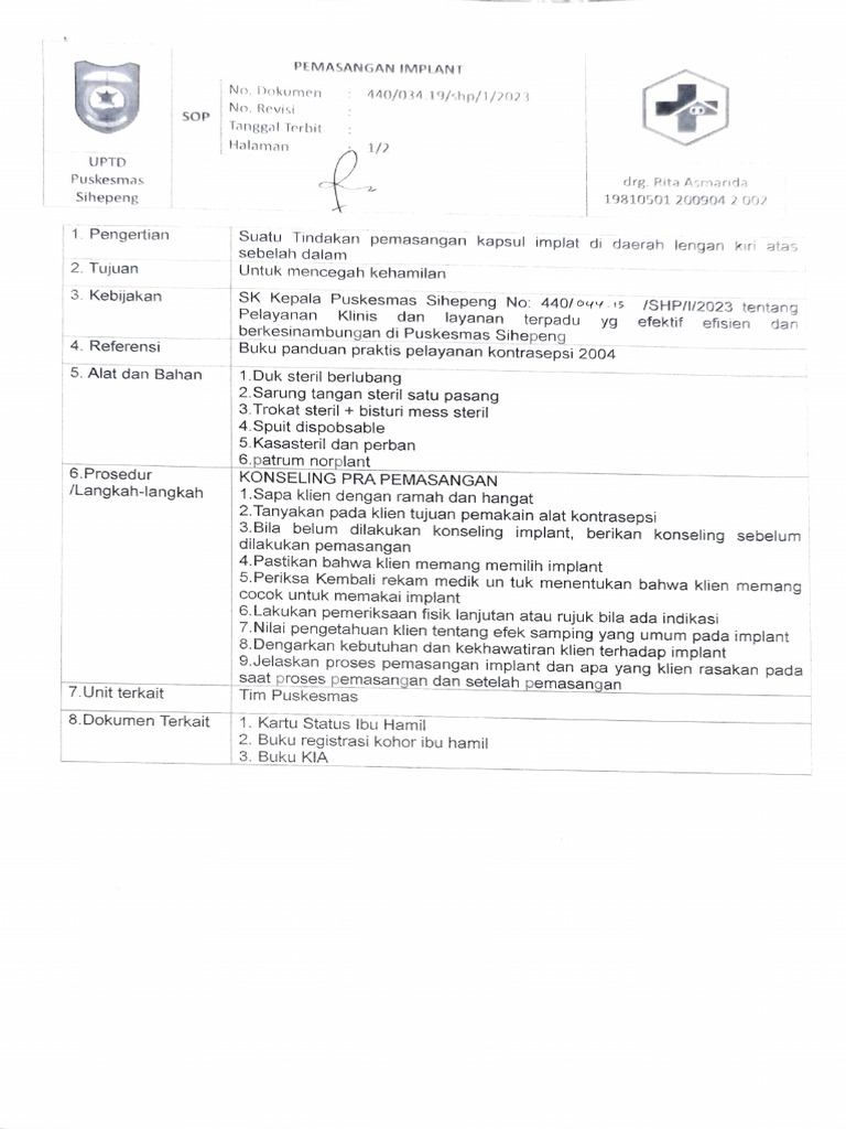 SOP Implan, IUD, PIL | PDF
