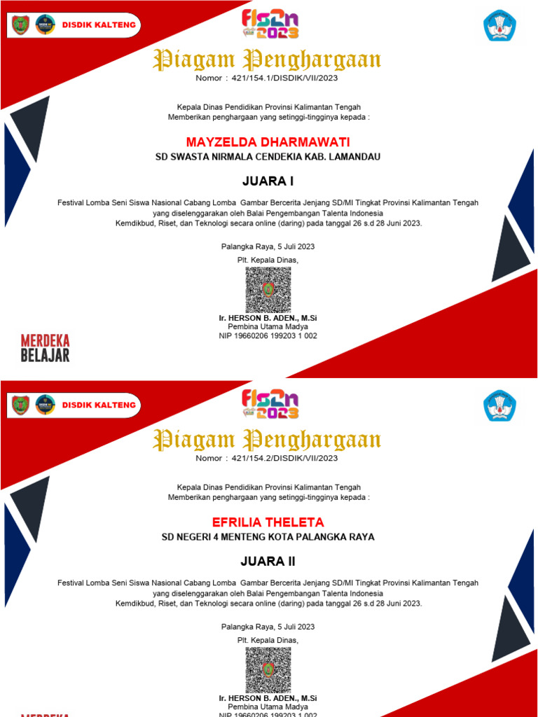 Piagam Juara FLS2N SD, SMP SMA TK - Prov | PDF