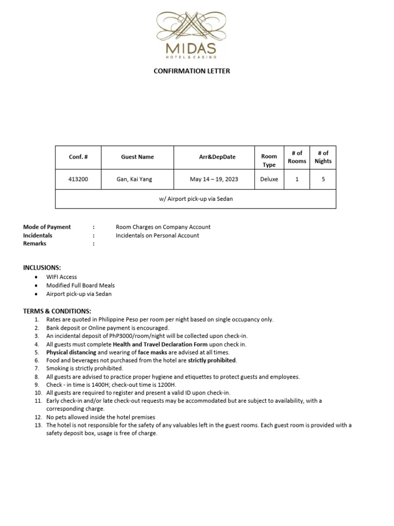 Midas Hotel Confirmation Letter | PDF