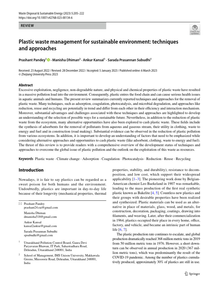 Plastic Waste Management For Sustainable Environment: Techniques and ...