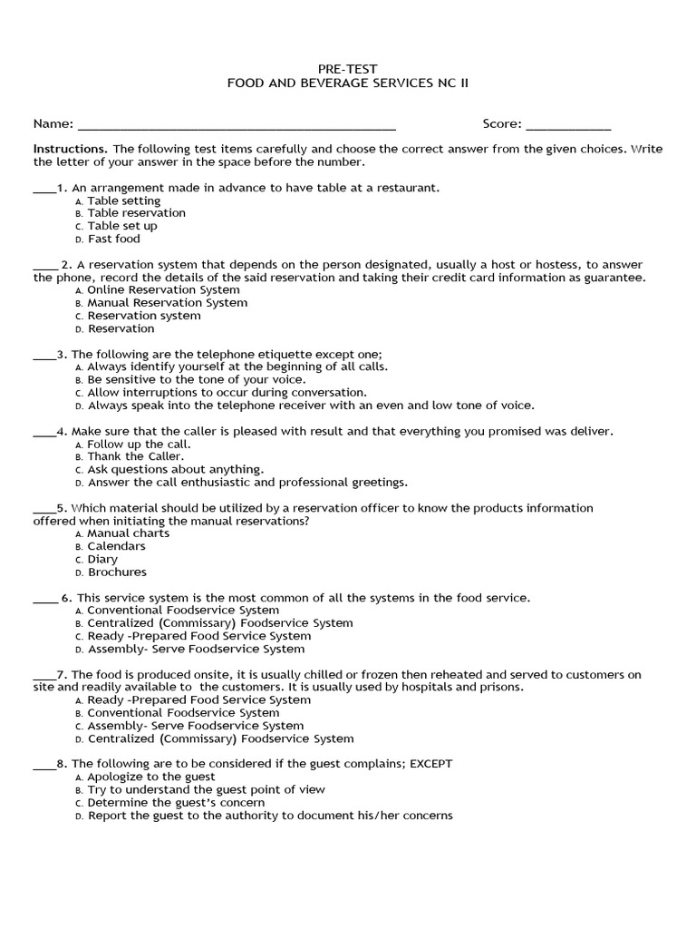 Pre-Tesr FBS NC II | PDF | Restaurants | Menu