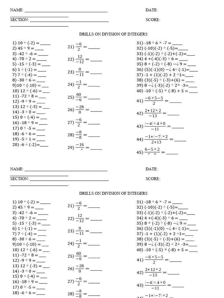 Division of Integers Practice Drills | PDF