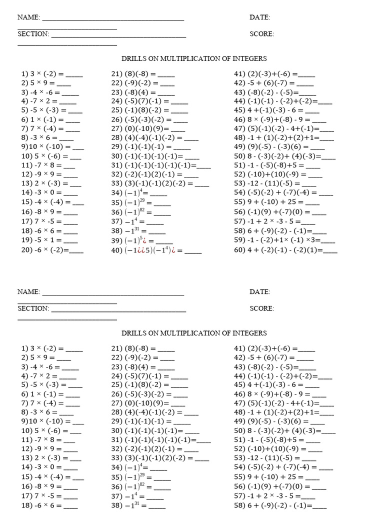 Integer Multiplication Drills | PDF | Mathematics | Arithmetic