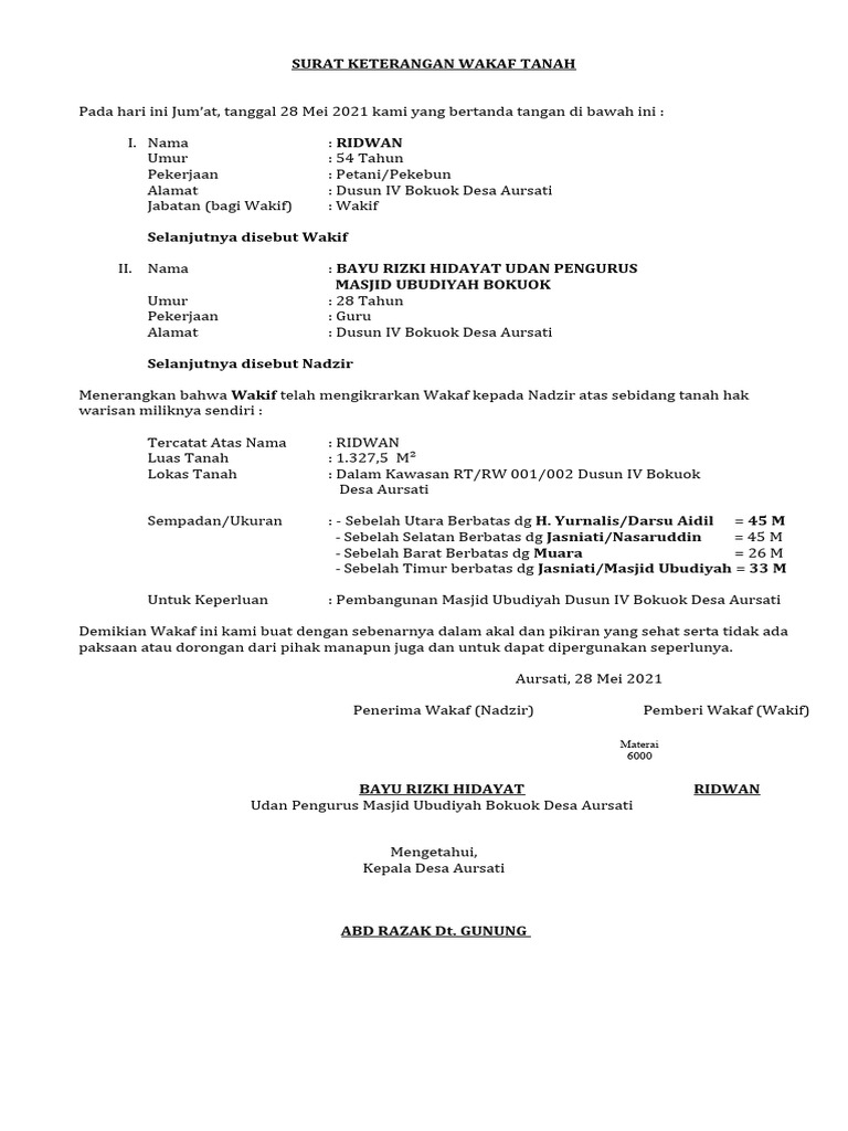 Surat Waqaf Tanah Masjid Ubudiyah Bokuok Pdf 
