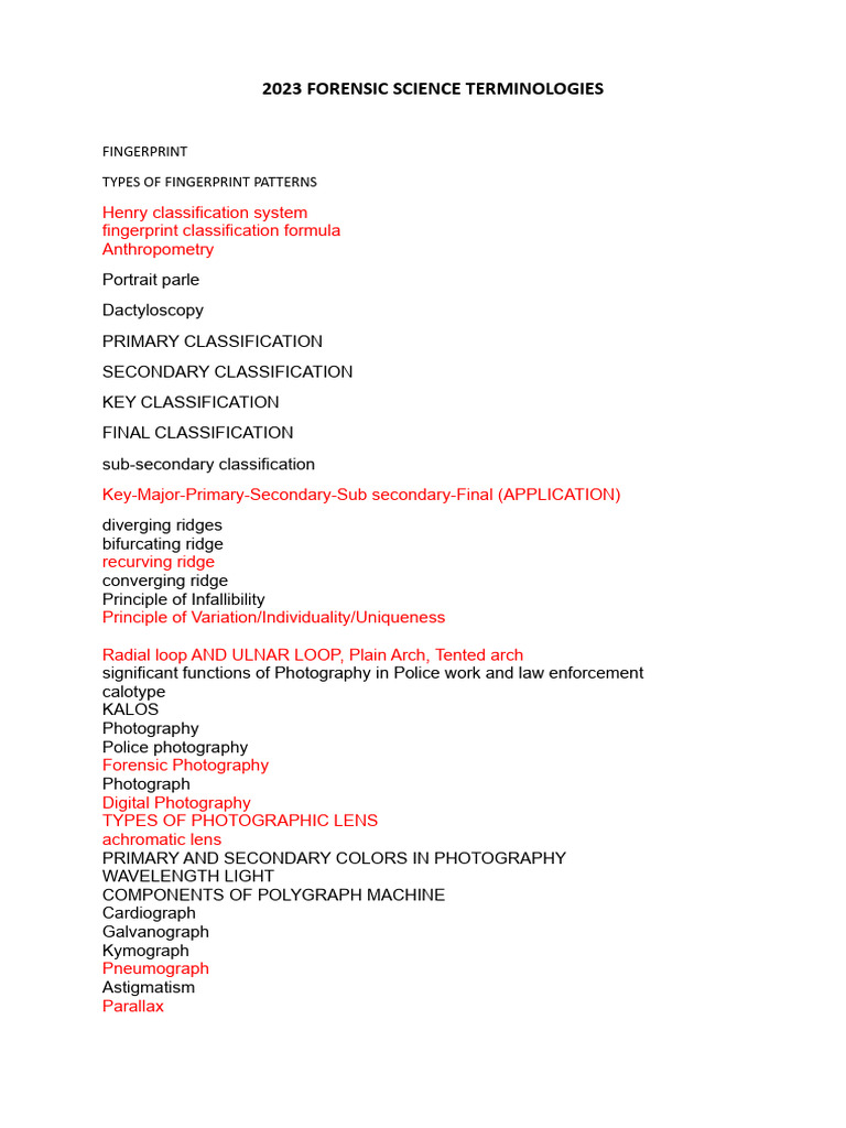 2023 Forensic Science TERMINOLOGIES | PDF | Cartridge (Firearms ...